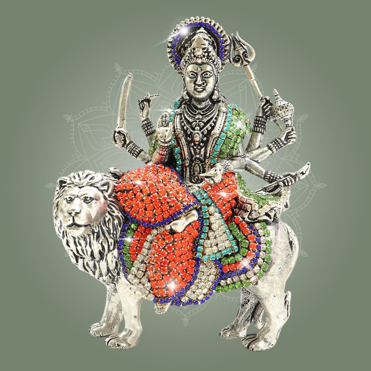 Brass Durga Idol on Lion with Colorful Stone Work Finish