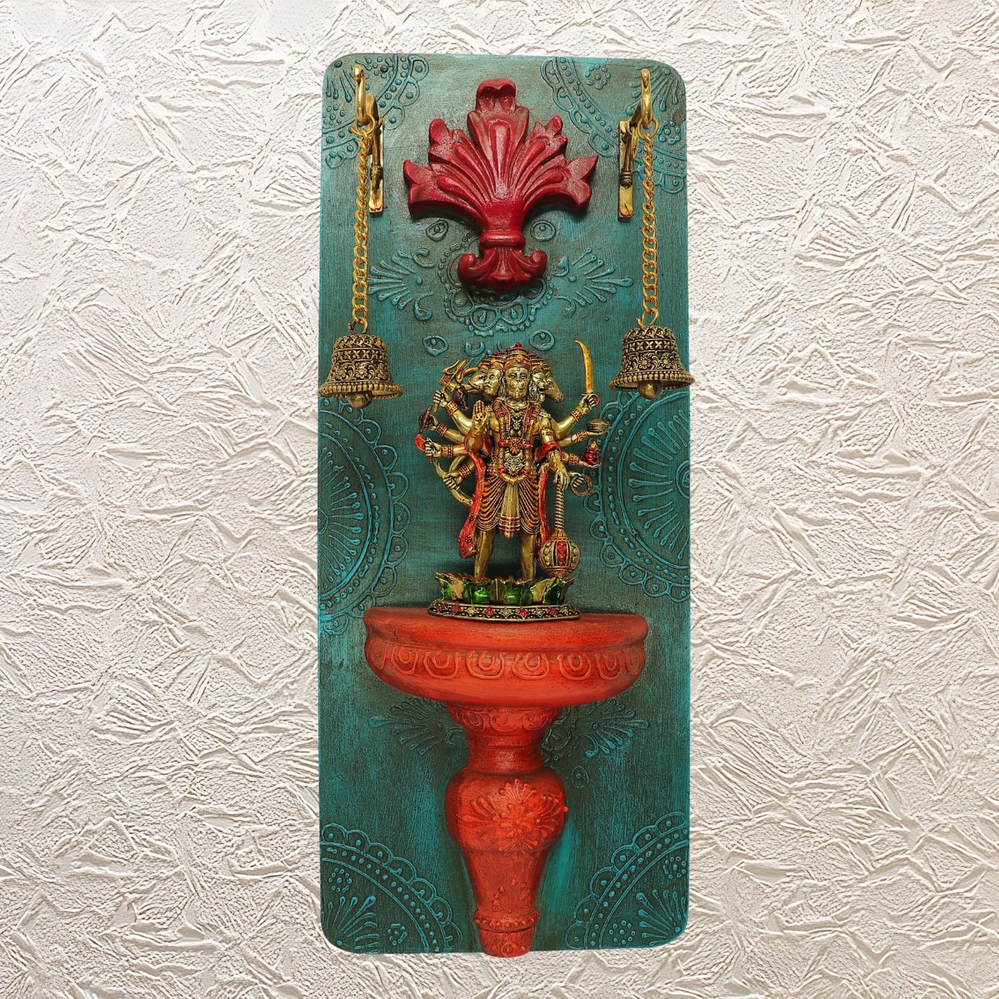 Brass Panchmukhi Hanuman Idol - Exquisite Wooden Stand 17"