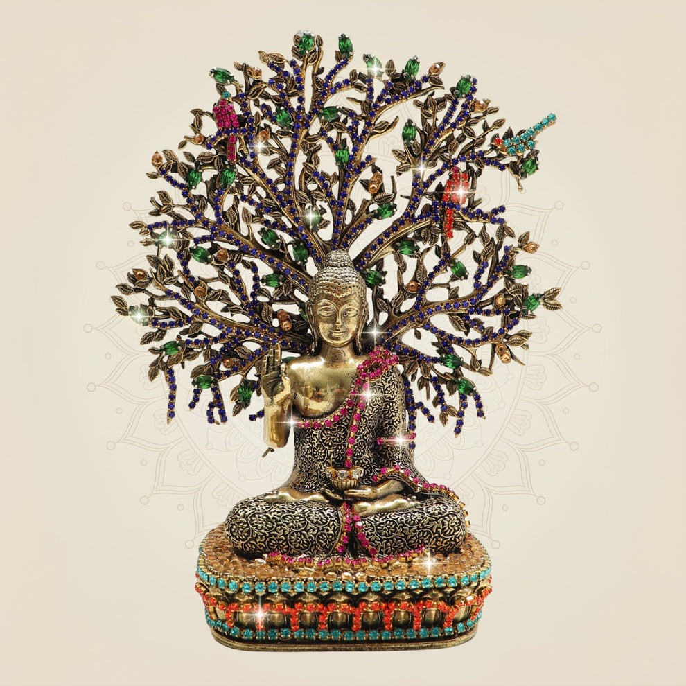 Brass Buddha Under Bodhi Tree with Jewellery Stone Work