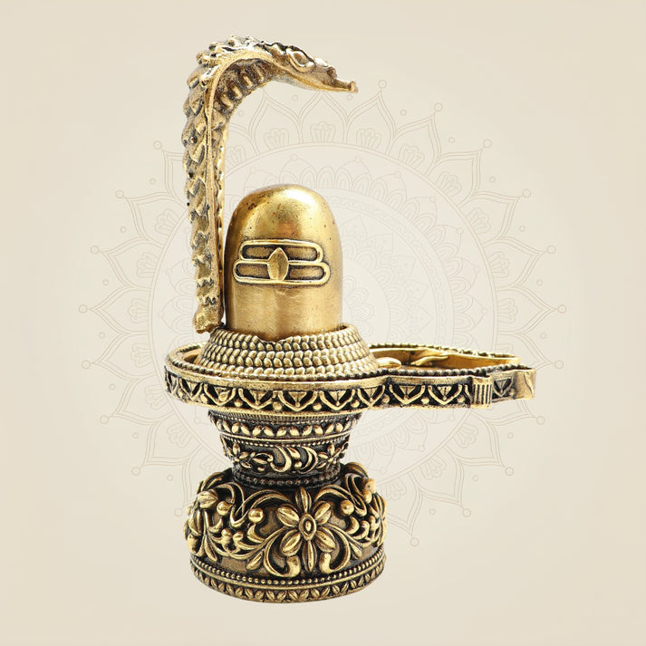 Brass Shivling with Serpent Canopy | Ornate Shiva Lingam