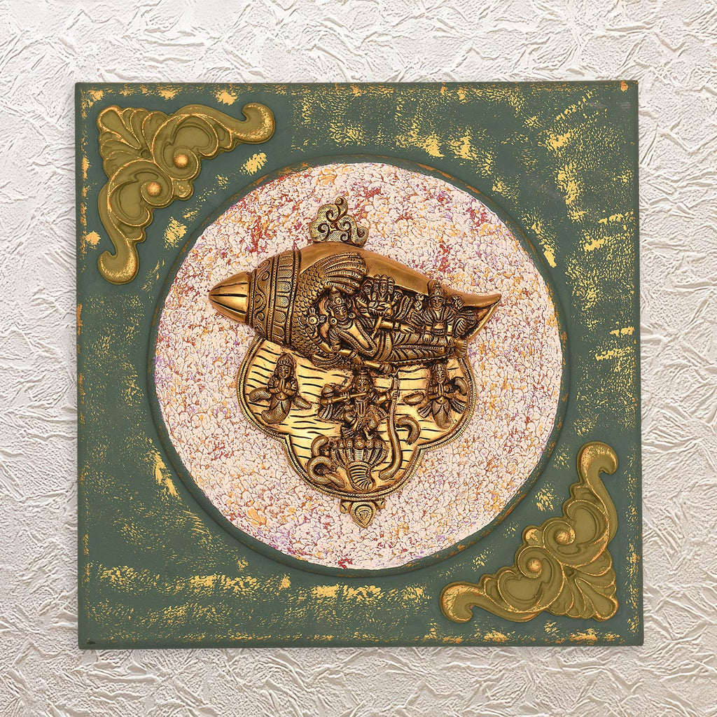 Wall Frame with Brass Vishnu Lakshmi Krishna in Shankh