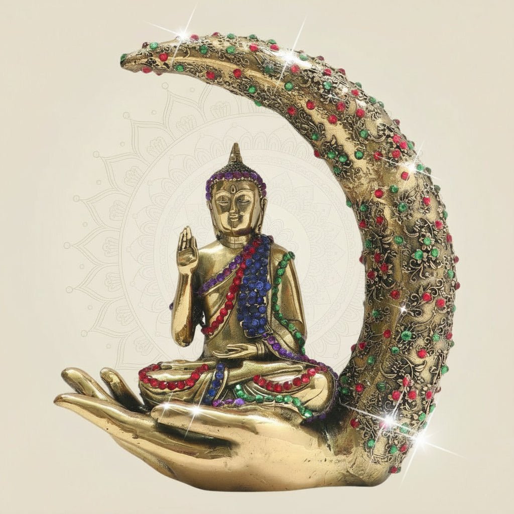 Brass Buddha Idol on Crescent Hand with Multicolor Stones