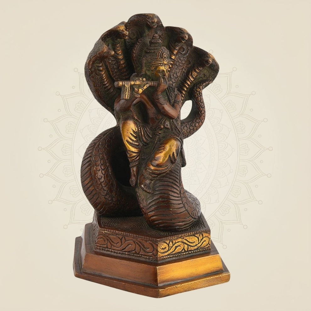 Brass Krishna Idol on Kaliya Serpent Base— Divine Home Décor