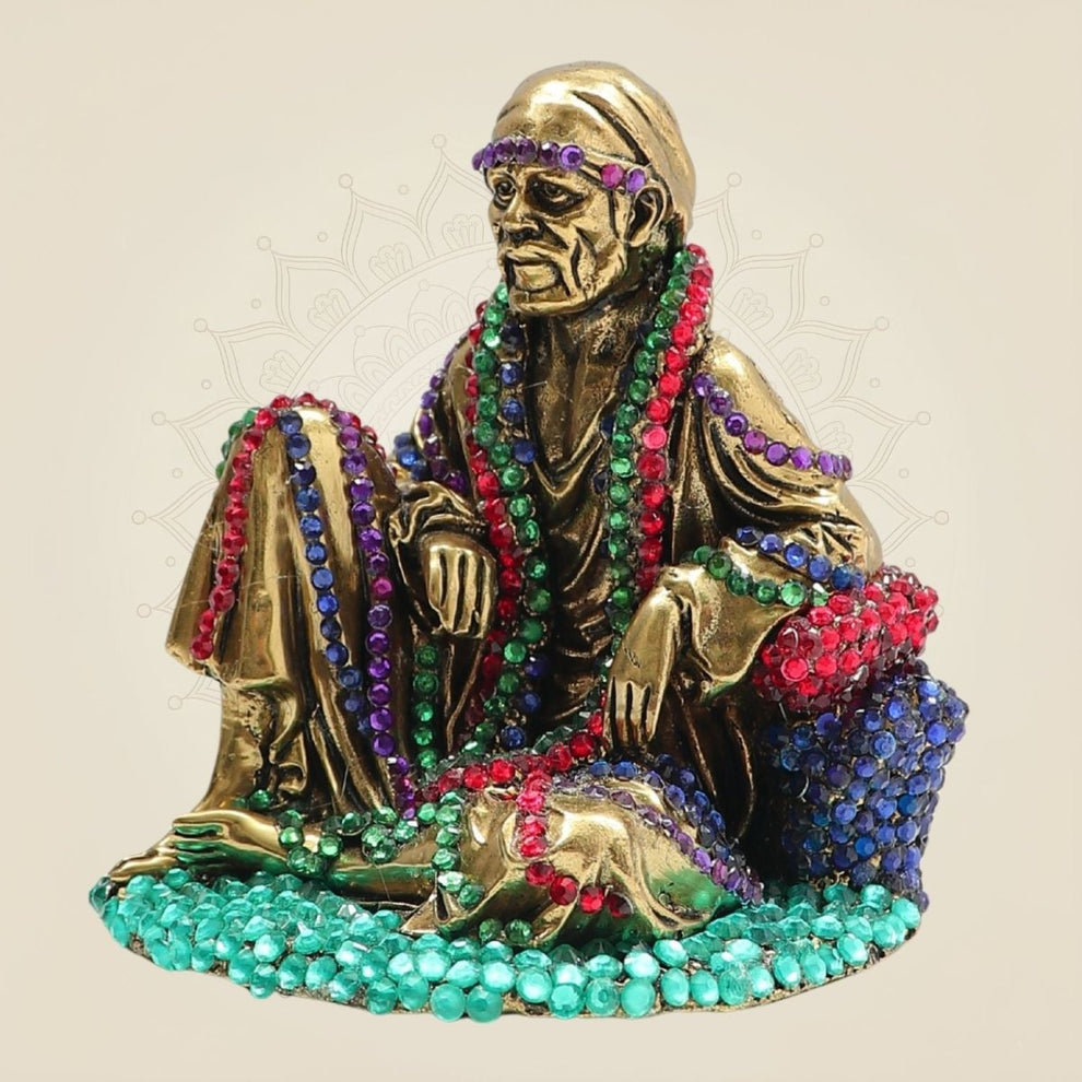 Brass Sai Baba Idol with Multicolor Jewellery Stone Work