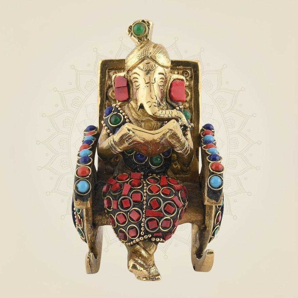 Brass Ganesh on Chair Idol – Multicolor Stone Work Statue
