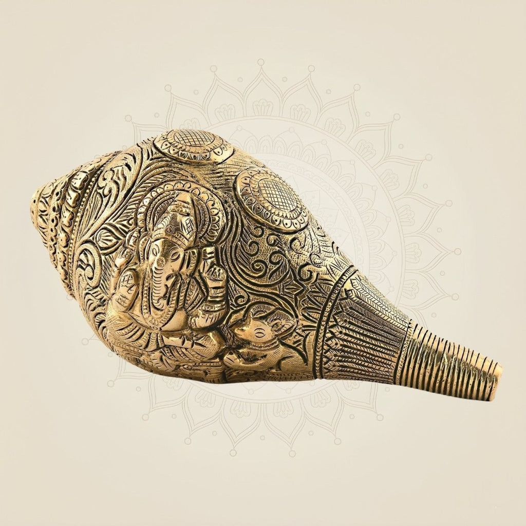 Pure Brass Shankh with Detailed Lord Ganesha | Handmade Art