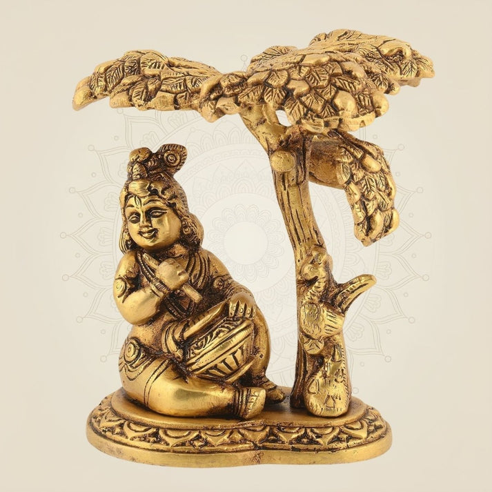 Laddu Gopal 5" - Krishna Under a Tree, Pure Brass Murti