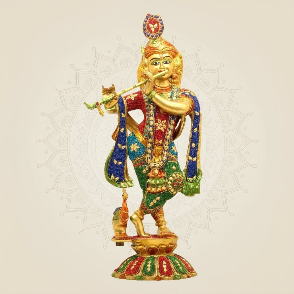 Large Brass Krishna Idol with Multicolor Gemstone