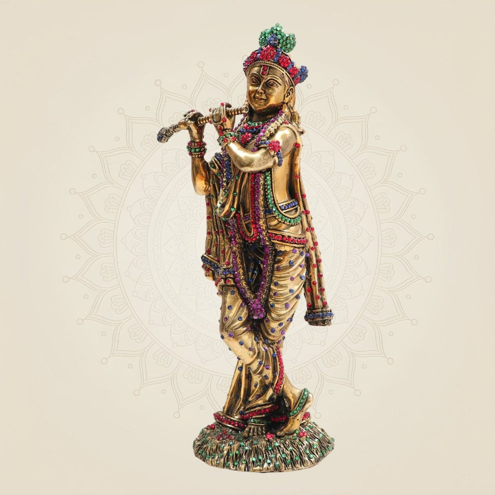 Buy Big Size Brass Krishna Idol with Jewellery Stone Work