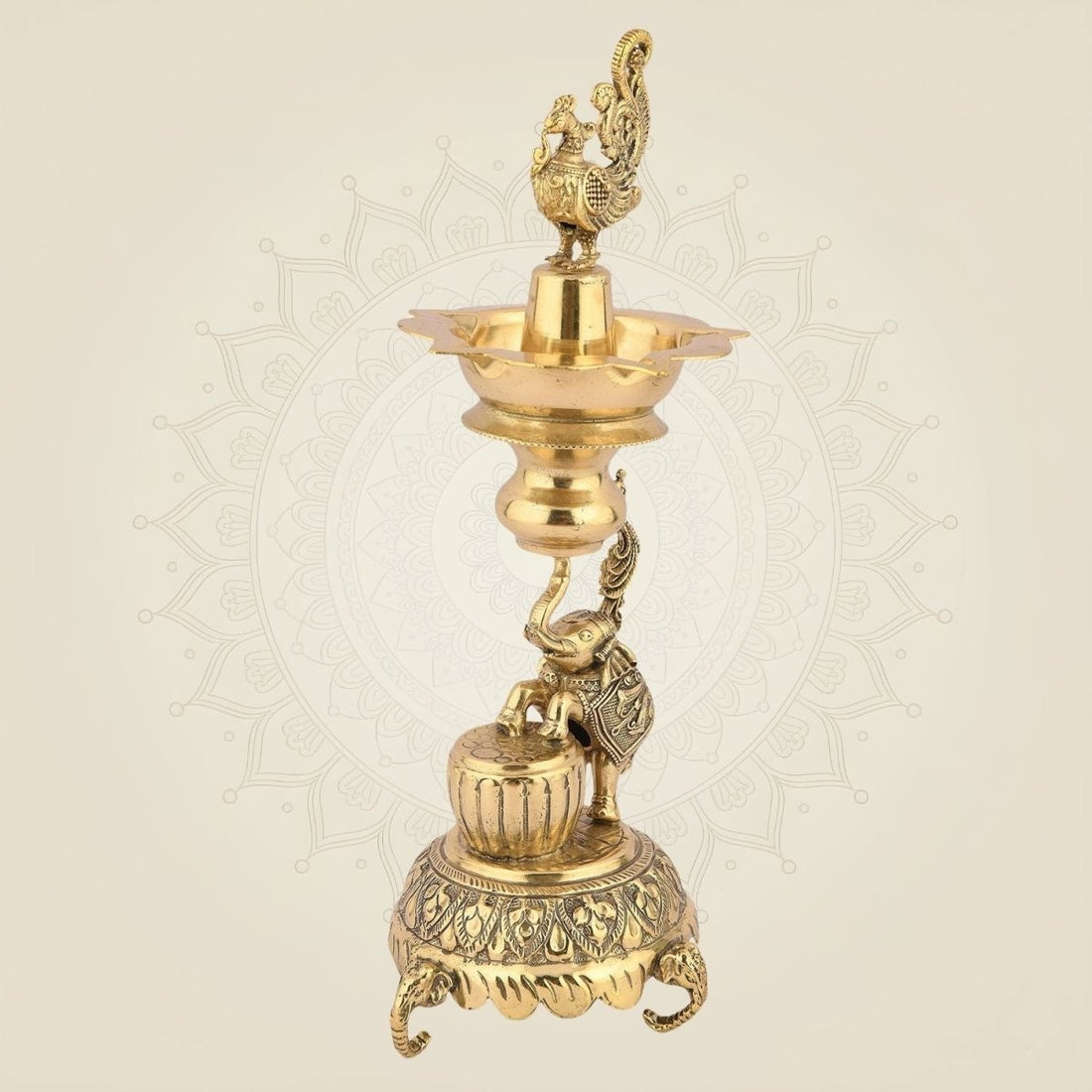 Peacock Brass Diya with Elephant Design – Elegant Décor